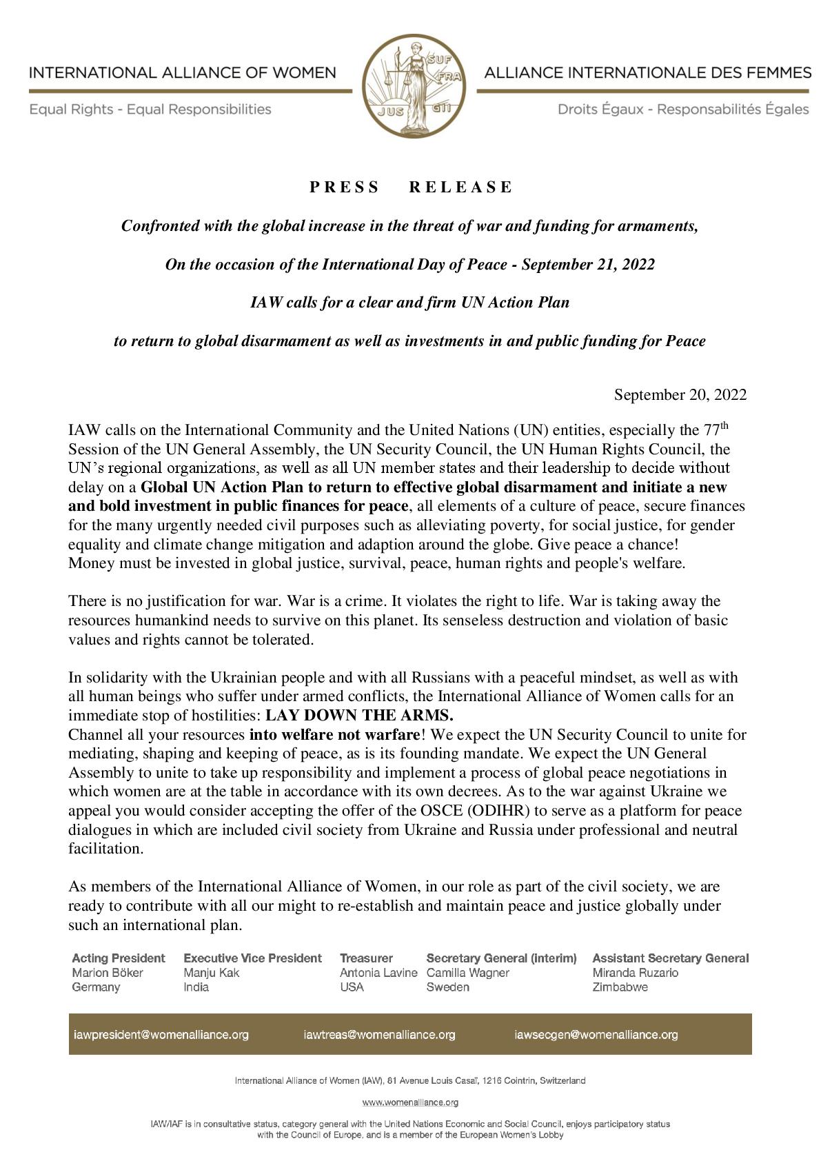 International Day of Peace 2022 - International Alliance of Women