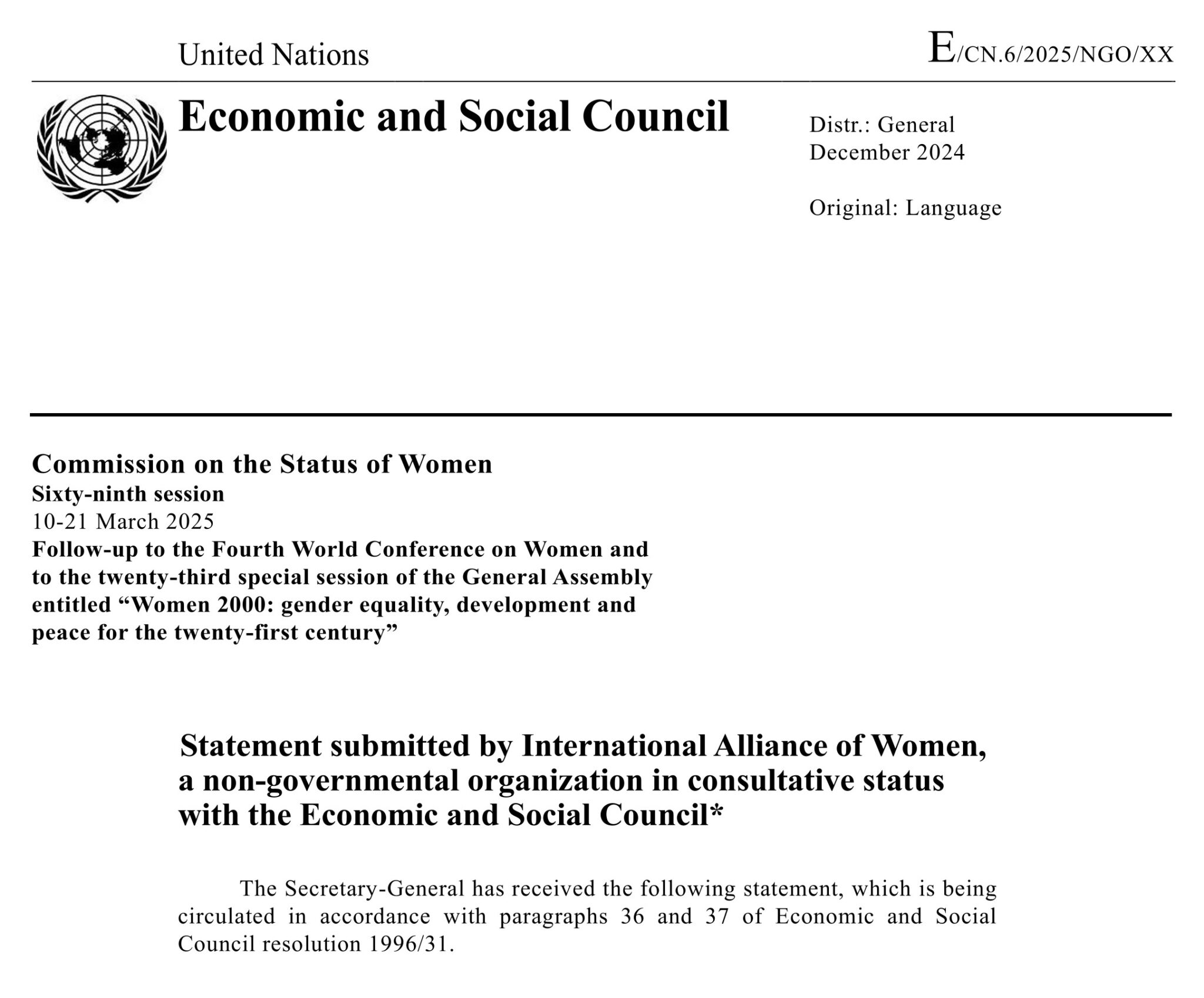 Written Statement for CSW69 is online - International Alliance of Women
